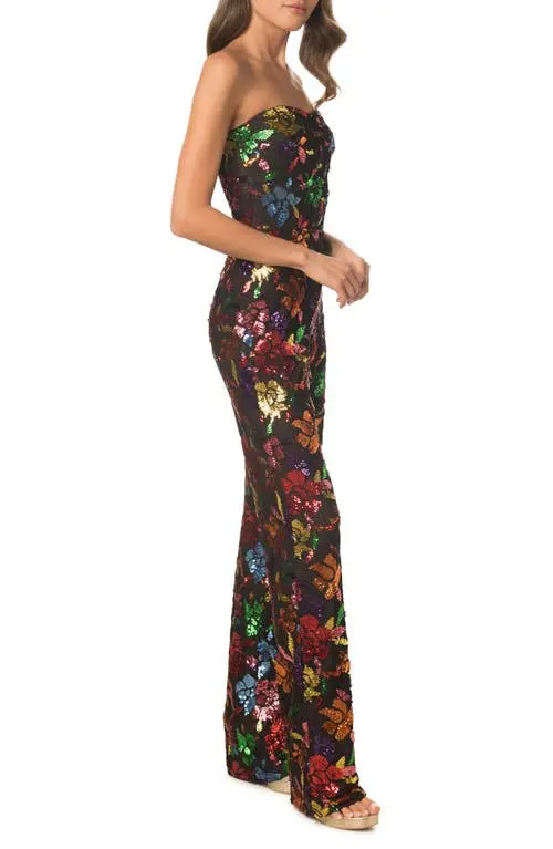 Dress The Population Preston Floral Sequin Strapless Wide Leg Jumpsuit In  Black Multi - 61% Off | Editorialist