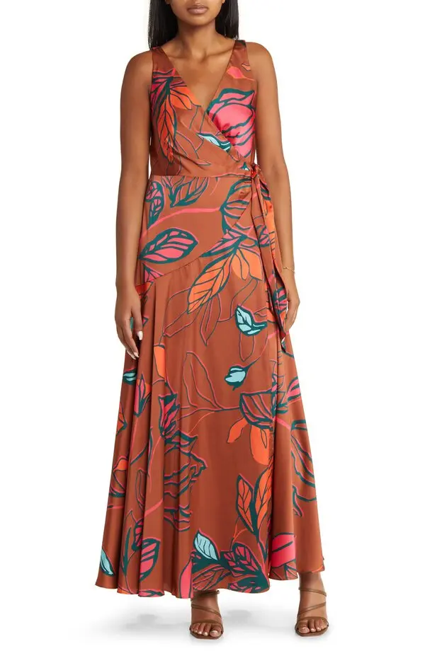 hutch mikki wrap maxi dress Hutch Mikki Leaf Print Satin Maxi Wrap Dress - Copper Leaves