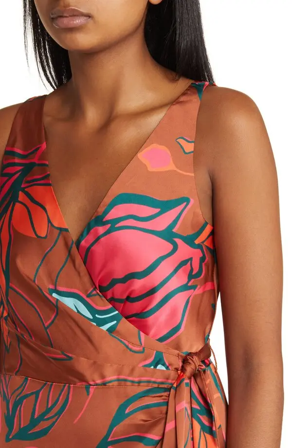 hutch mikki wrap maxi dress Hutch Mikki Leaf Print Satin Maxi Wrap Dress - Copper Leaves