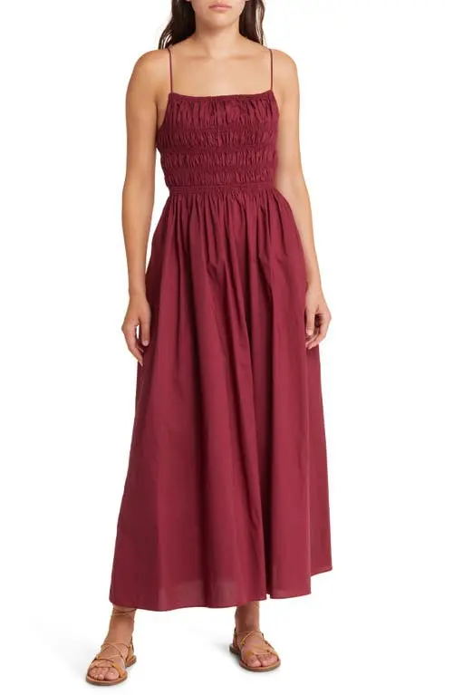 Moon River Smocked Tie Back Midi Dress - Burgundy