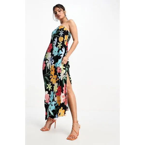 Asos One Shoulder Long Sleeve Plissé Dress - Black