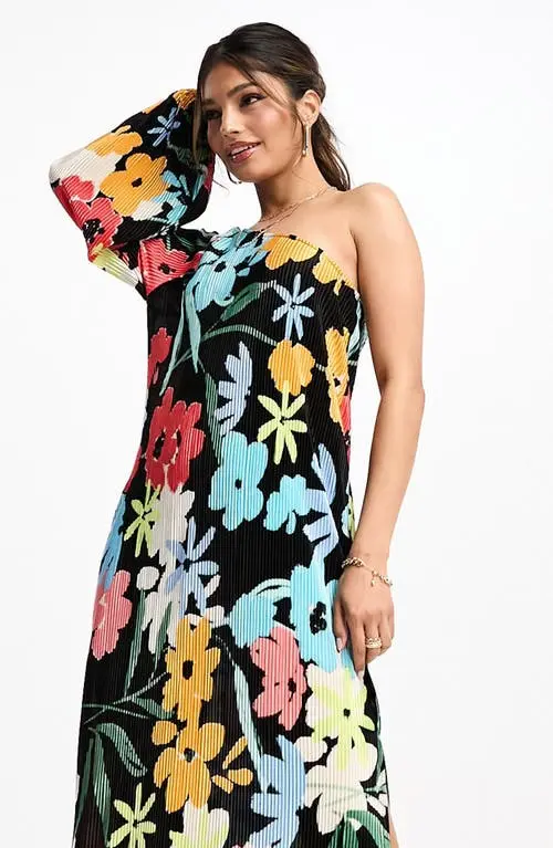 Asos One Shoulder Long Sleeve Plissé Dress