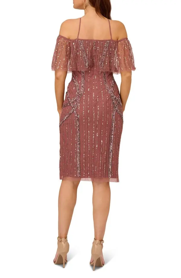 adrianna papell beaded mesh cocktail dress Adrianna Papell Beaded Mesh Flutter Sleeve Dress