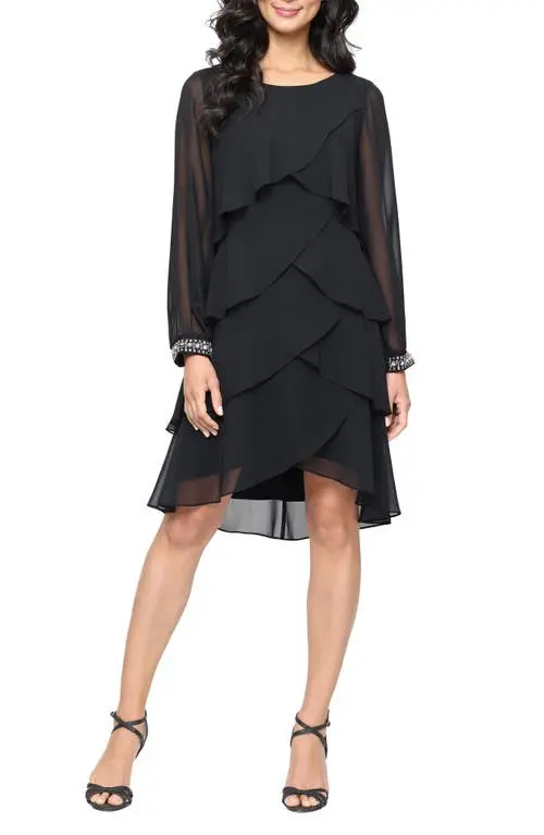 SL FASHIONS Long Sleeve Tiered Dress - Black