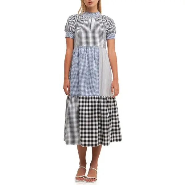 English Factory Patchwork Gingham Midi Dress - Black Multi