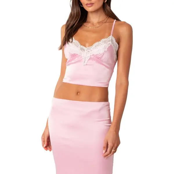 EDIKTED Brandi Lace Trim Satin Crop Camisole - Pink