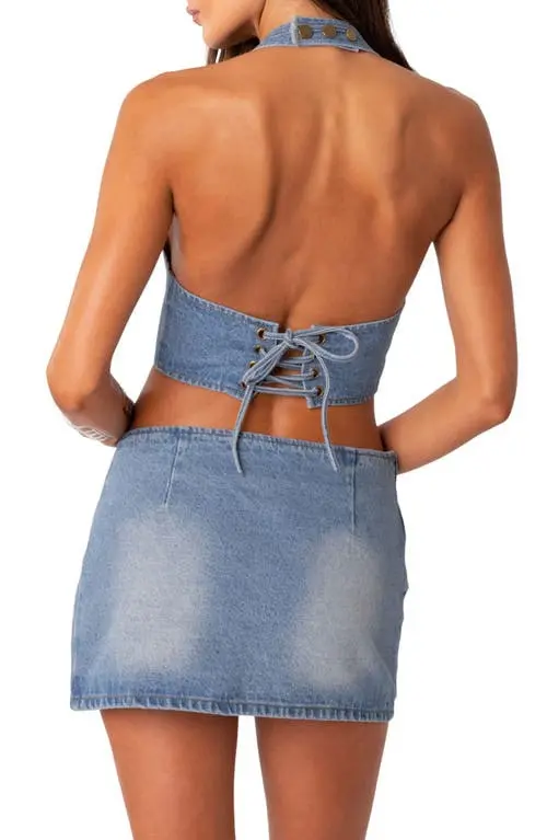 EDIKTED Katrina Lace-up Denim Halter Top - Blue