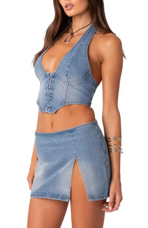 EDIKTED Katrina Lace-up Denim Halter Top - Blue