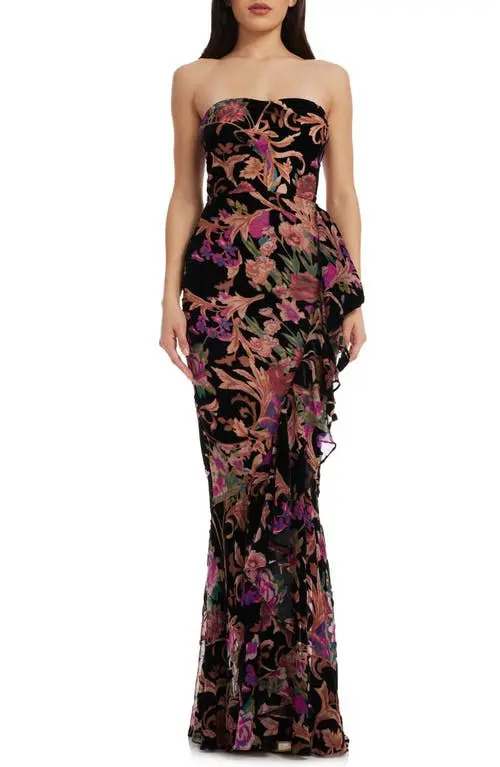 Dress The Population Paris Ruffle Strapless Gown - Black Multi