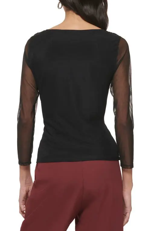 Dkny Surplice Mesh Top - Black