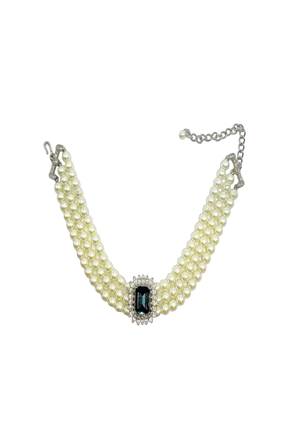 KENNETH JAY LANE 3 Row Pearl Choker With Sapphire And Crystal Center - Lime