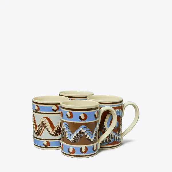 Tory Burch Mochaware Mug, Set Of 4 - Brown/blue