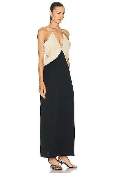 toteme draped silk cami dress Toteme Draped Twill Cami Dress in Black & Bleached Sand