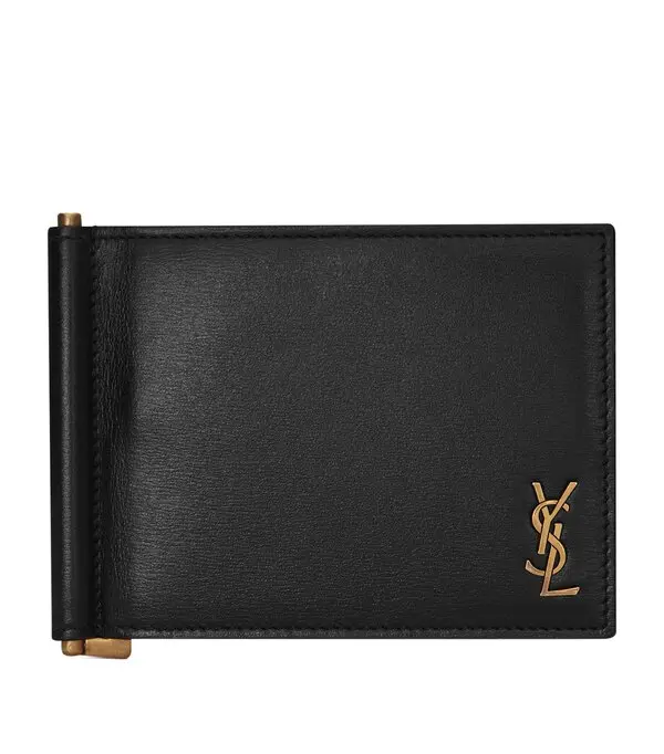 Saint Laurent Leather Monogram Bifold Money Clip Wallet - Black