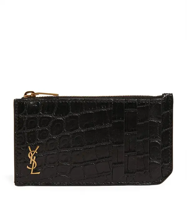Saint Laurent Croc-embossed Monogram Card Holder - Black