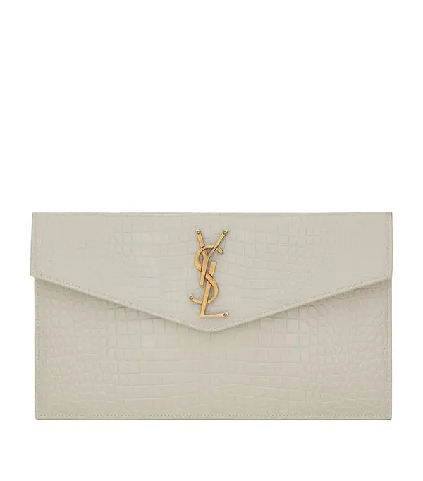 Saint Laurent Croc-embossed Uptown Envelope Pouch - White