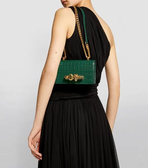 Alexander McQueen Small Croc-embossed Jewelled Satchel - Green