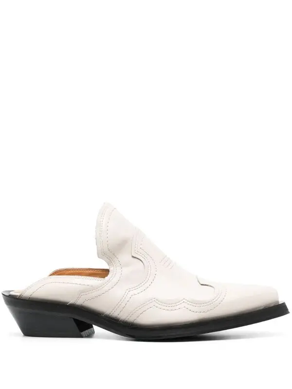 GANNI 40mm Embroidered Western Leather Mules - Neutrals