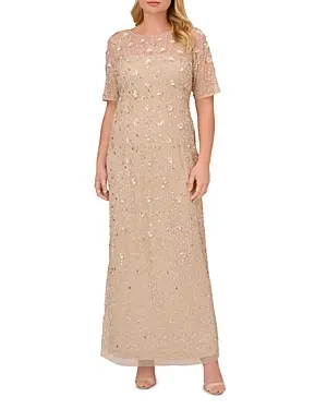 adrianna papell beaded long dress biscotti Adrianna Papell 3D Floral Beaded Mermaid Gown