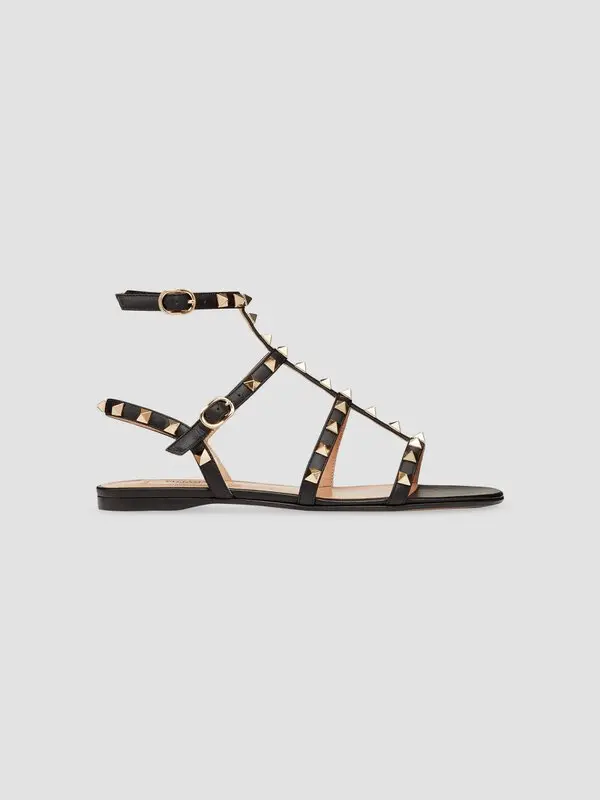 Valentino Garavani Rockstud Flat Calfskin Sandals With Straps - Black