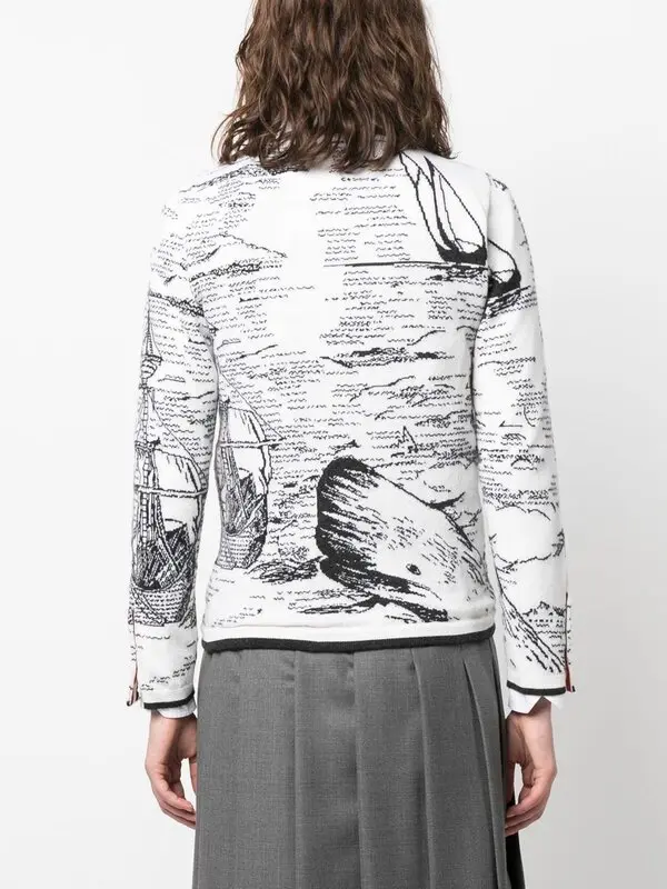 Thom Browne Nautical Toile Cashmere Crew Neck Cardigan
