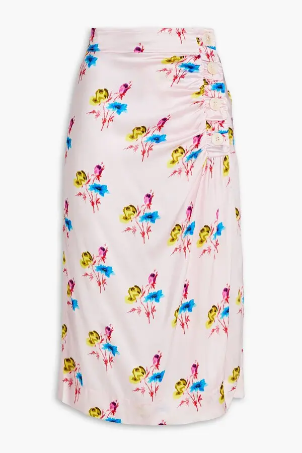 GANNI Ruched Floral-print Midi Wrap Skirt - Baby Pink