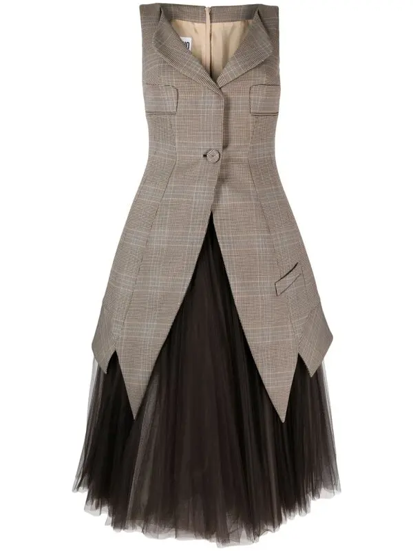 Moschino Glen Plaid Tulle-underlayer Midi Dress - Brown