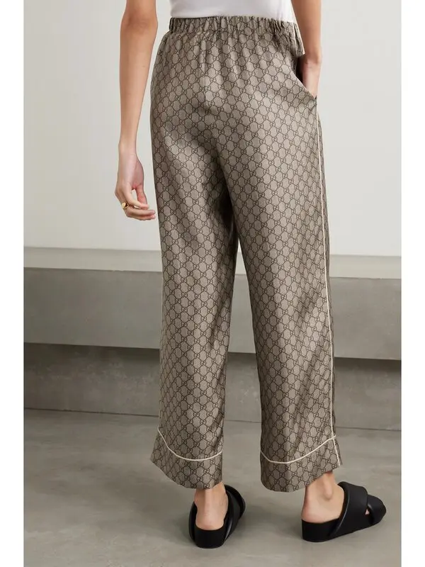 Gucci Cropped Silk-Satin Jacquard Wide-Leg Pants - Brown
