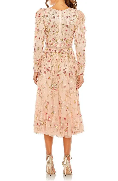 Mac Duggal Sequin Floral Long Sleeve Midi Dress - Blush Multi | Editorialist