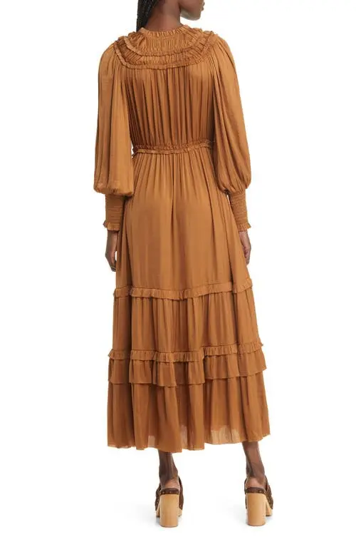 brown maxi dress with ruffles Kaelia Tiered Halter Maxi Dress Sparkle Brown