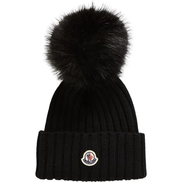 Moncler Virgin Wool Ribbed Beanie With Faux Fur Pom - Black
