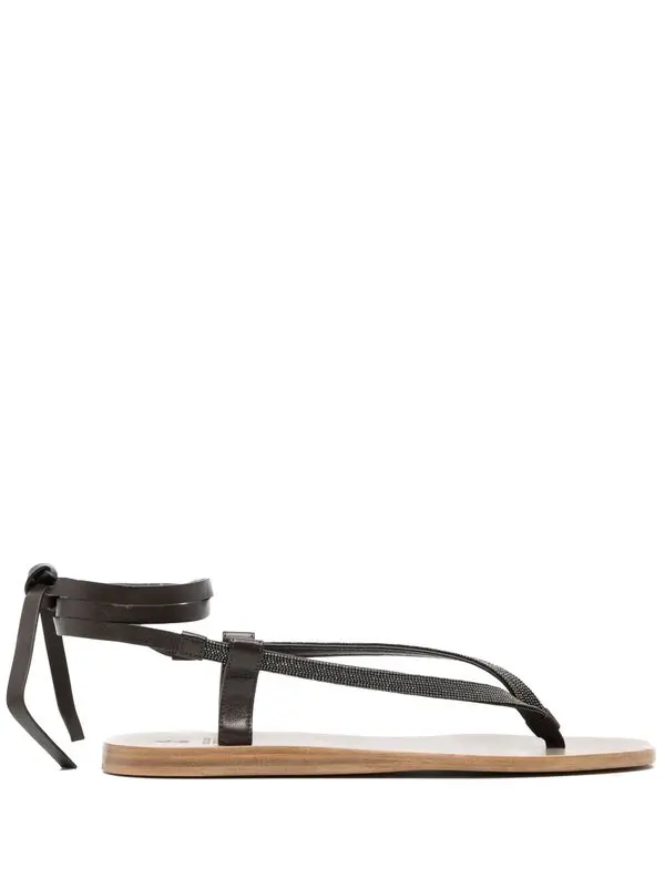 Brunello Cucinelli Embellished Ankle Tie Flat Leather Sandals - Brown