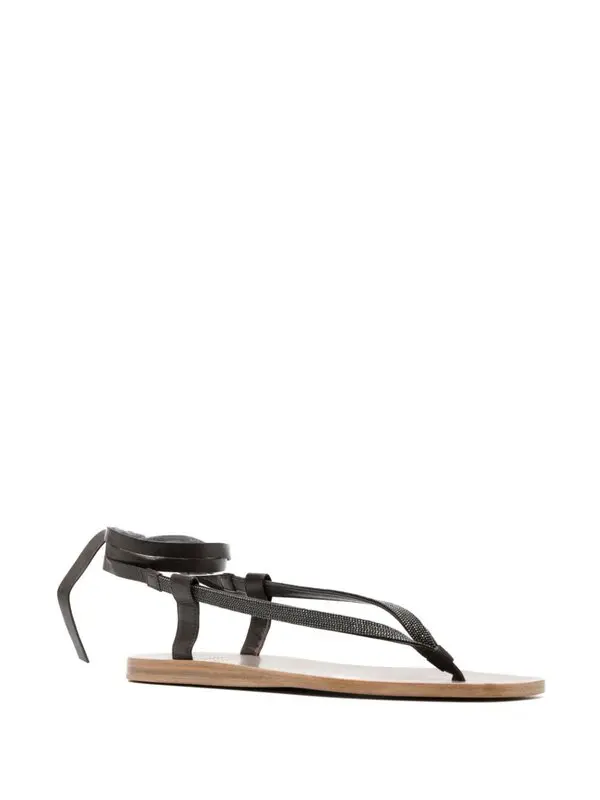 Brunello Cucinelli Embellished Ankle Tie Flat Leather Sandals
