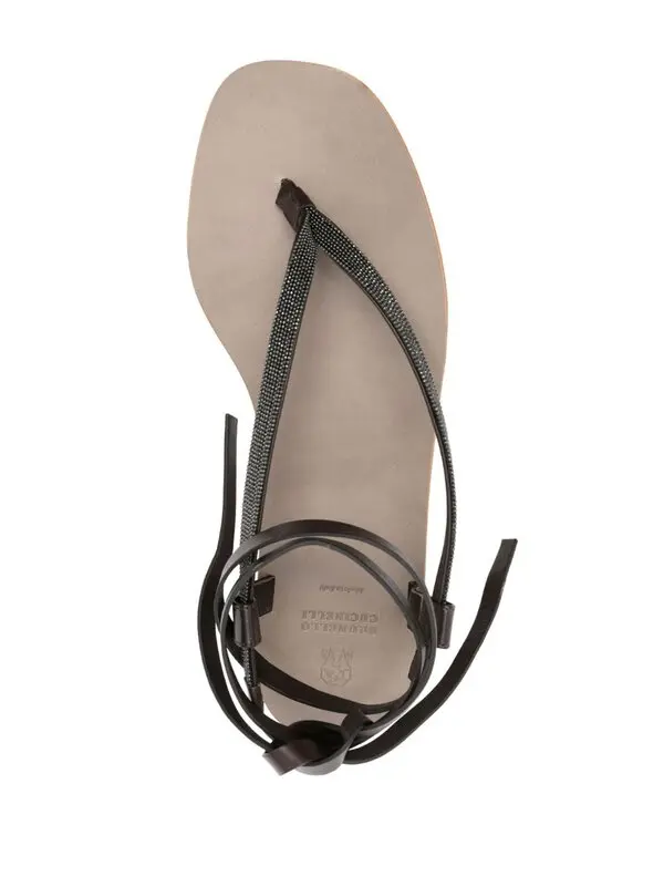 Brunello Cucinelli Embellished Ankle Tie Flat Leather Sandals