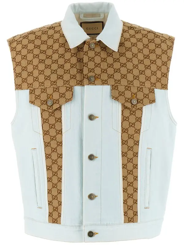 Gucci Gg-canvas Panelled Denim Vest - Blue