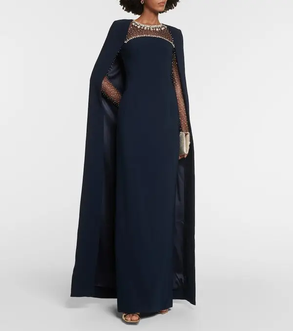 Jenny Packham Embellished Cape Crêpe Gown