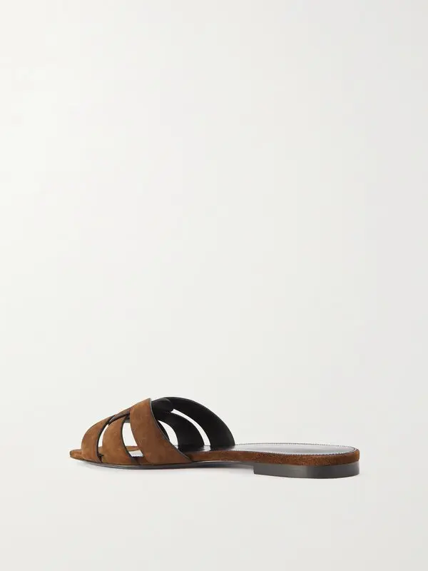 Saint Laurent Tribute Woven Suede Slides - Brown