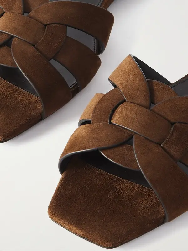 Saint Laurent Tribute Woven Suede Slides - Brown