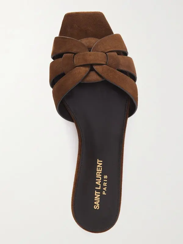 Saint Laurent Tribute Woven Suede Slides - Brown