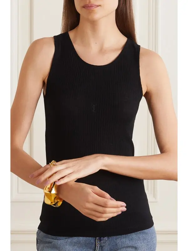 Saint Laurent Embroidered Ribbed Wool Tank - Black