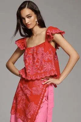 Farm Rio Palm Tree Richelieu Flutter-sleeve Top