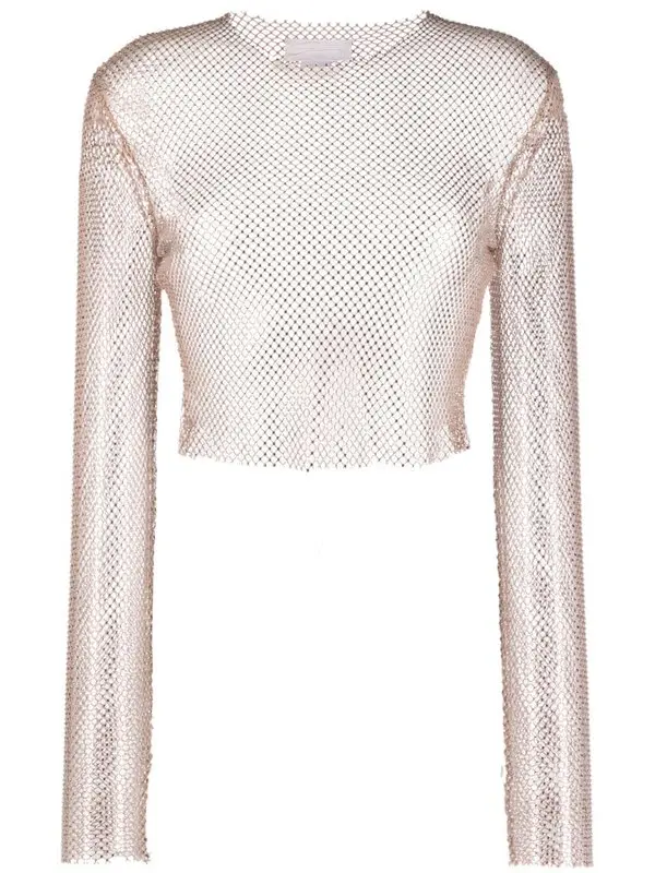 GENNY Rhinestone Mesh Cropped Blouse - Neutrals