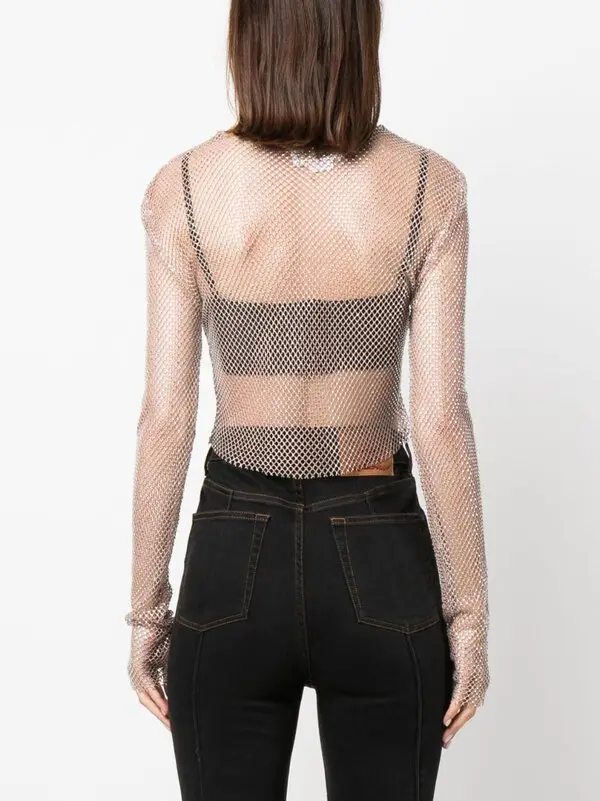 GENNY Rhinestone Mesh Cropped Blouse