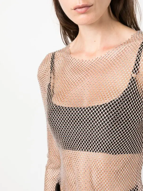 GENNY Rhinestone Mesh Cropped Blouse