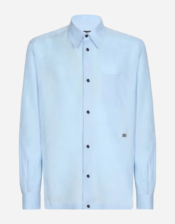Dolce & Gabbana Linen Hawaiian Shirt With Dg Hardware - Azure