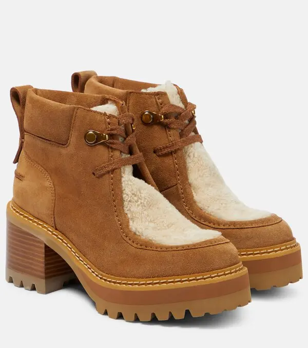 See By Chloé Shearling-trimmed Suede Ankle Boots - Brown