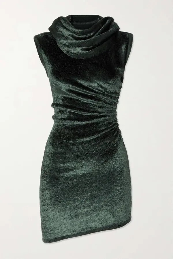 AlaA Asymmetric Draped Stretch-Velvet Hooded Mini Dress - Forest Green |  Editorialist