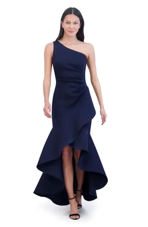 Eliza J One-Shoulder Ruffle Gown In Navy 81% Off Editorialist