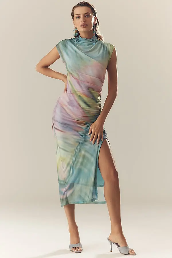 maya ruched cowl neck dress By Anthropologie The Linen Maya Ruched Cowl-Neck Dress: Mini Edition