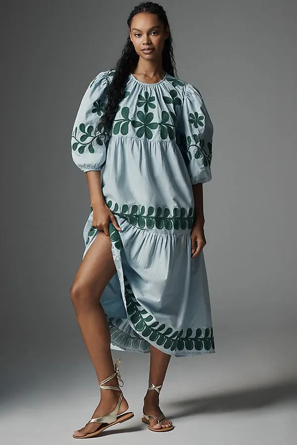 Anthropologie Embroidered Puff-sleeve Midi Dress